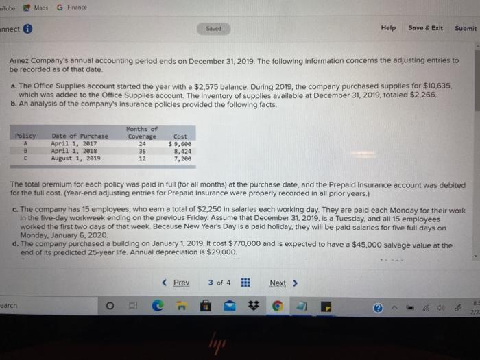 Solved uTube Maps G Finance ennect Saved Help Save & Exit | Chegg.com