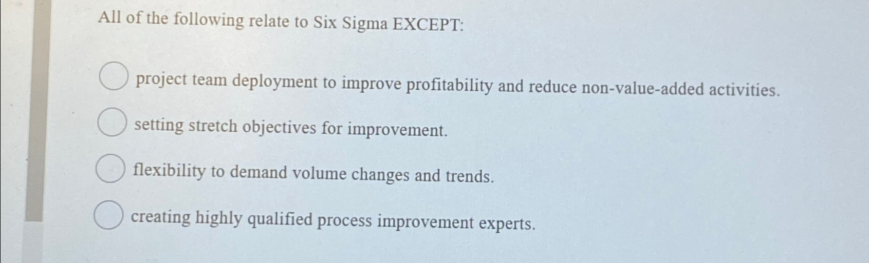 Solved All of the following relate to Six Sigma EXCEPT: | Chegg.com
