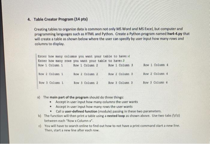 Solved Table Creator Program (14 pts) Creating tables to | Chegg.com