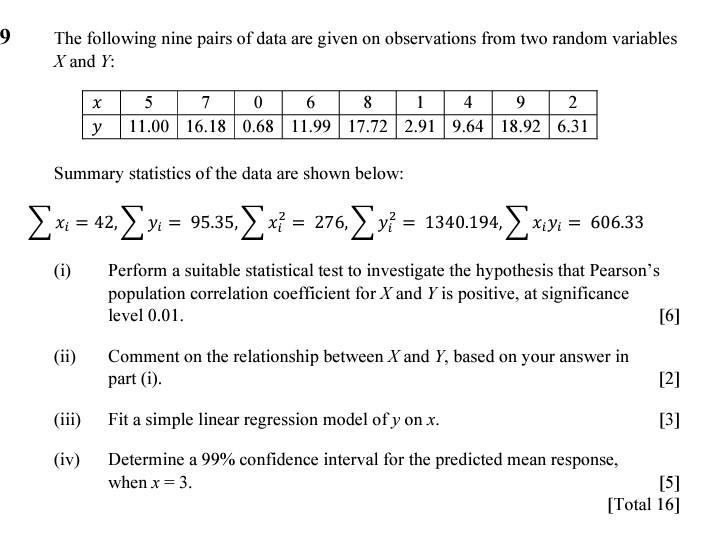 Solved The following nine pairs of data are given on | Chegg.com