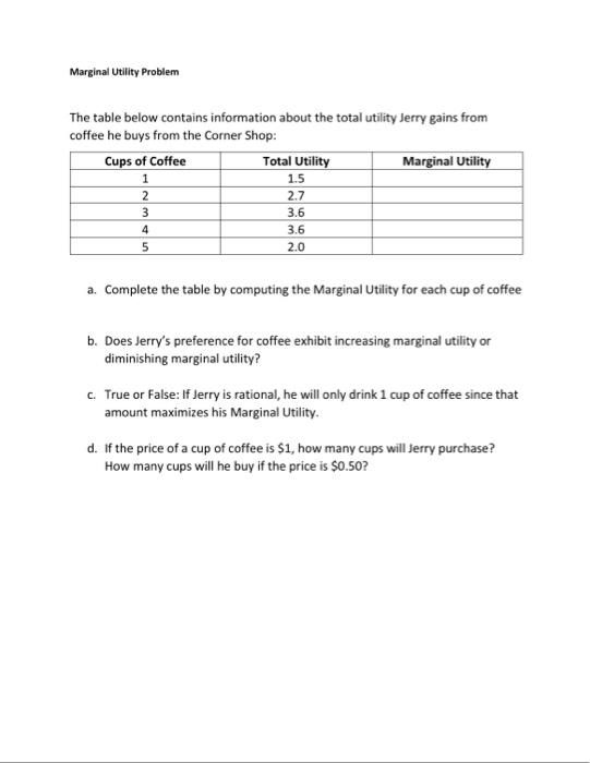 Solved Marginal Utility Problem The table below contains | Chegg.com