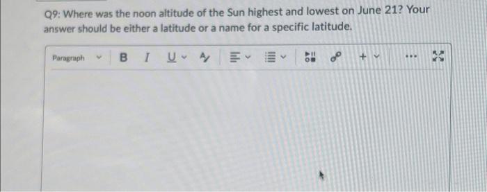 Solved Q9: Where was the noon altitude of the Sun highest | Chegg.com