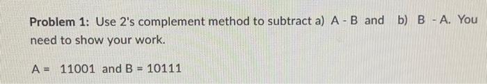 Solved Problem 1: Use 2's complement method to subtract a) A | Chegg.com