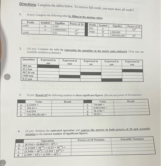 Solved Directions: Complete the tables below. To receive | Chegg.com
