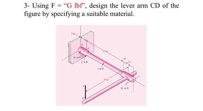 Solved 3- Using F = "G lbf", design the lever arm CD of the | Chegg.com