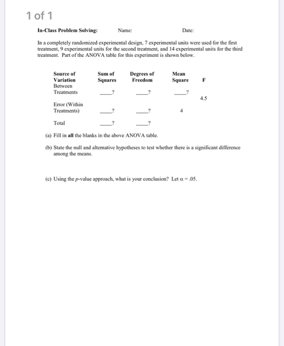 Solved 1 Of 1 In Class Problem Solving Name Date In A 