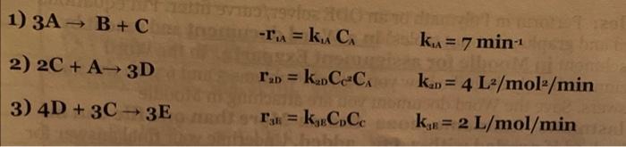 Solved 1) 3 A→B+C 2) 2C+A→3D −rμ=kμCΛkμ=7min−1 3) 4D+3C→3E | Chegg.com