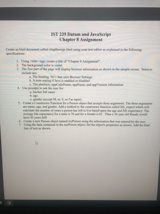 Solved IST 239 Datum and JavaScript Chapter 8 Assignment | Chegg.com