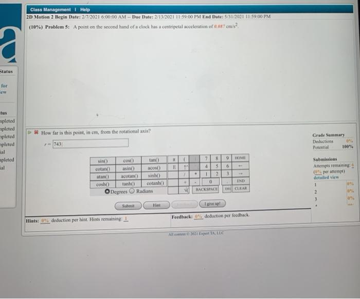 Solved Class Management | Help 2D Motion 2 Begin Date: | Chegg.com