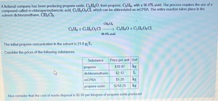 Solved A fictional company has been producing propene oxide, | Chegg.com