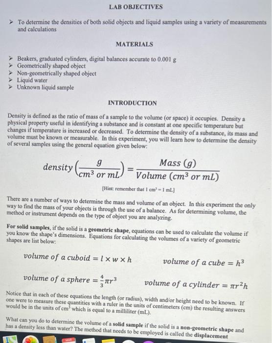 LAB OBJECTIVES To determine the densities of both | Chegg.com