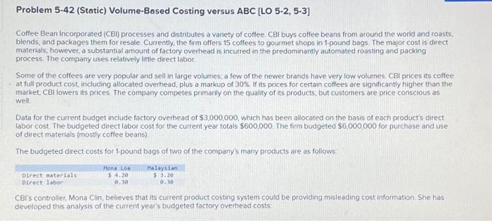 Solved Problem 5-42 (Static) Volume-Based Costing versus ABC | Chegg.com