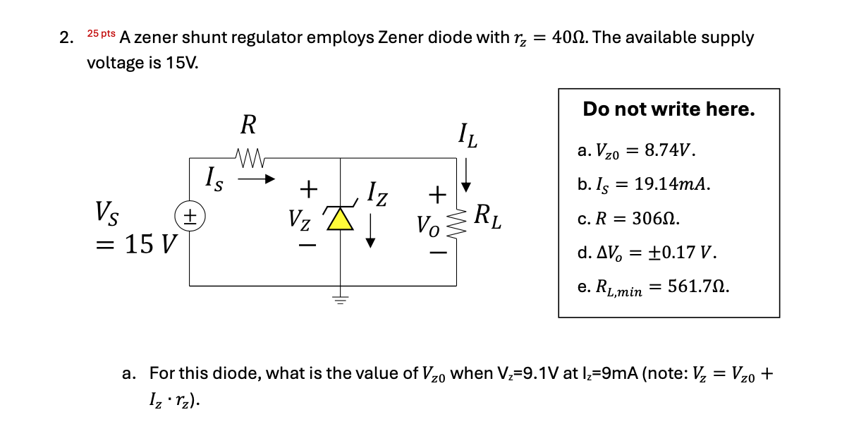 Solved ?(25 pts ) ﻿A zener shunt regulator employs Zener | Chegg.com