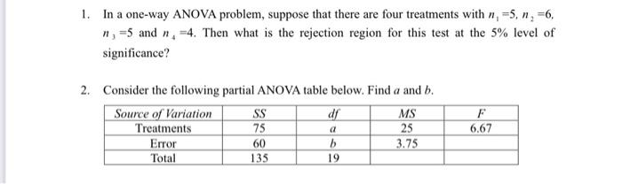 Solved 1. In a one-way ANOVA problem, suppose that there are | Chegg.com