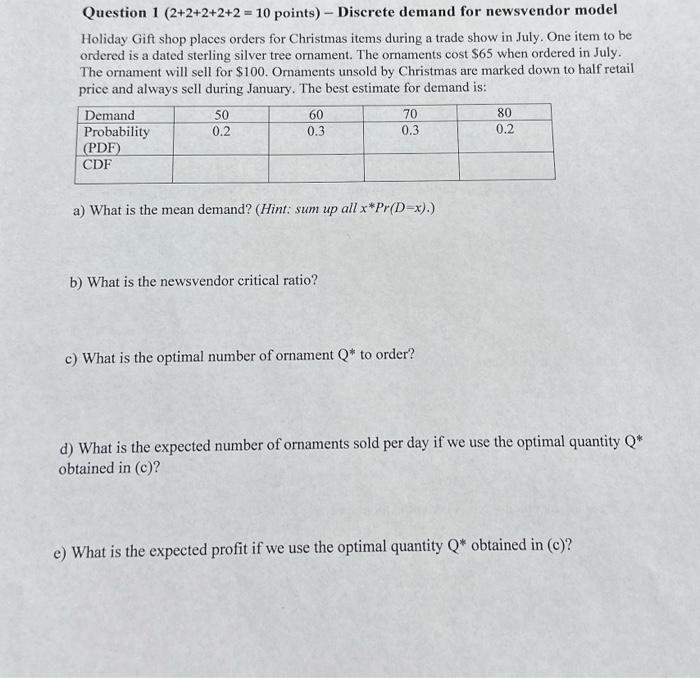Solved Question 1(2+2+2+2+2=10 points ) - Discrete demand | Chegg.com