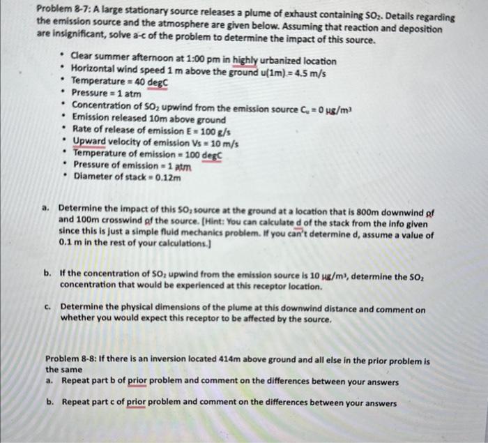 Solved Problem 8-7: A large stationary source releases a | Chegg.com