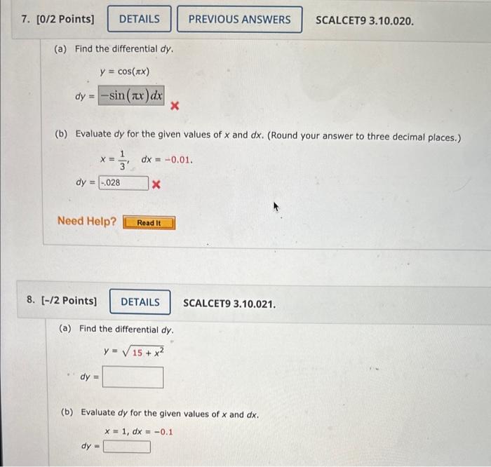Solved (a) Find the differential dy. y=cos(πx)dy=xx (b) | Chegg.com
