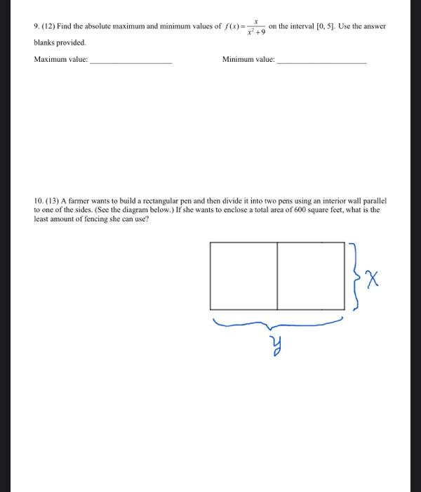 Solved 9. (12) Find the absolute maximum and minimum values | Chegg.com