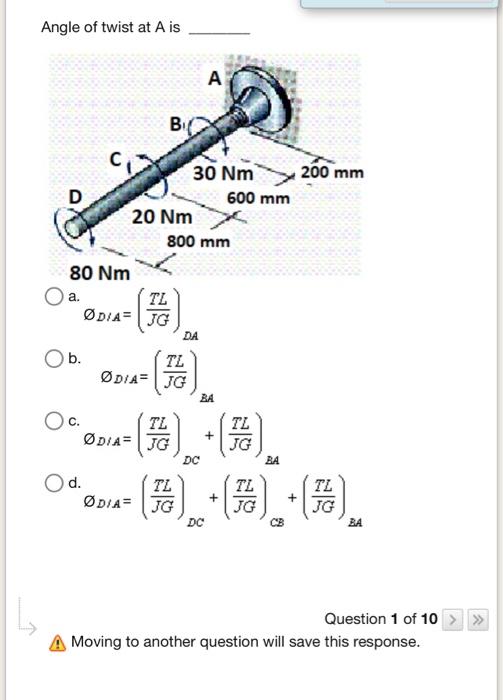 Solved Angle of twist at A is a. ∅D/A=(JGTL)DA b. | Chegg.com