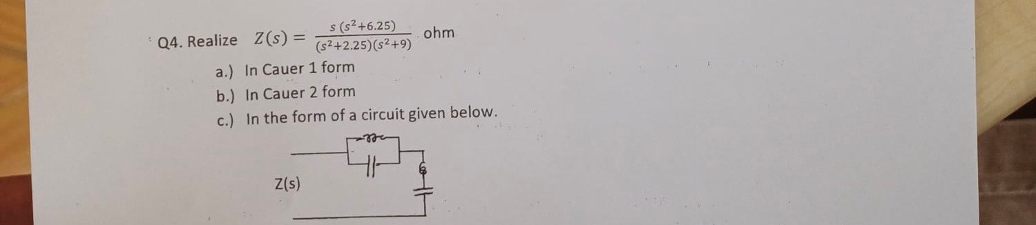 Q4. ﻿Realize Z(s)=s(s2+6.25)(s2+2.25)(s2+9)*ohma.) | Chegg.com