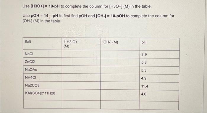 Solved Use [H3O+]=10−pH to complete the column for [H3O+](M) | Chegg.com