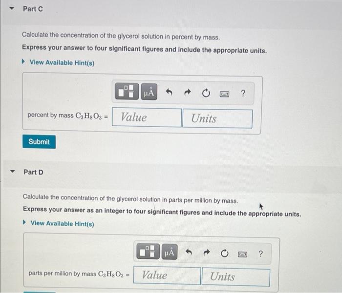 Solved A 2.300x10-2 M solution of glycerol (CH3O3) in water | Chegg.com