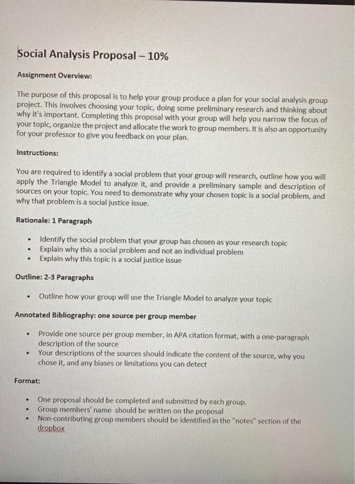 Social Analysis Proposal - 10% Assignment Overview: | Chegg.com