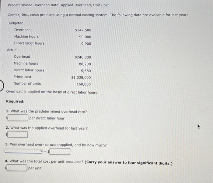 Solved Predetermined Overhead Rate, Applied Overhead, Unit | Chegg.com