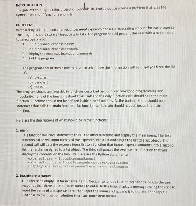 Solved INTRODUCTION The goal of this programming project is | Chegg.com