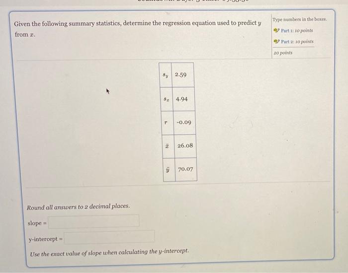 Solved Given the following summary statistics, determine the | Chegg.com