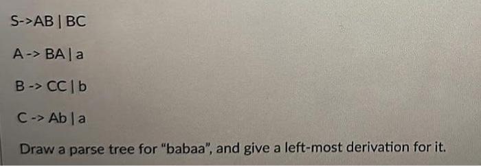 Solved S→AB∣BCA→BA∣aB→CC∣bC→Ab∣a Draw a parse tree for | Chegg.com