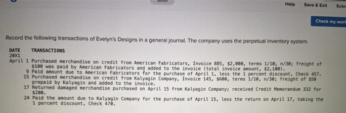 Solved Help Save & Exit Sub Check my work Record the | Chegg.com