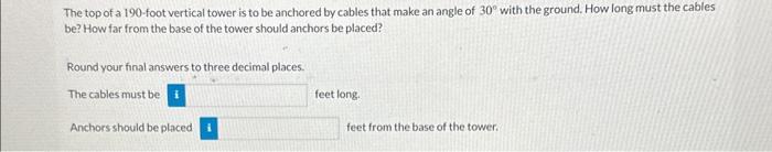 Solved The top of a 190 -foot vertical tower is to be | Chegg.com