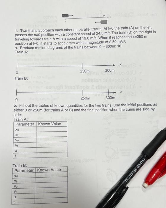 Solved 1. Two trains approach each other on parallel tracks. | Chegg.com