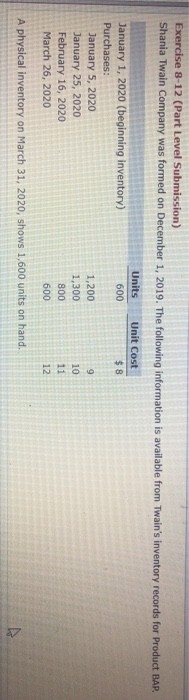 Solved Exercise 8-12 (Part Level Submission) Shania Twain | Chegg.com