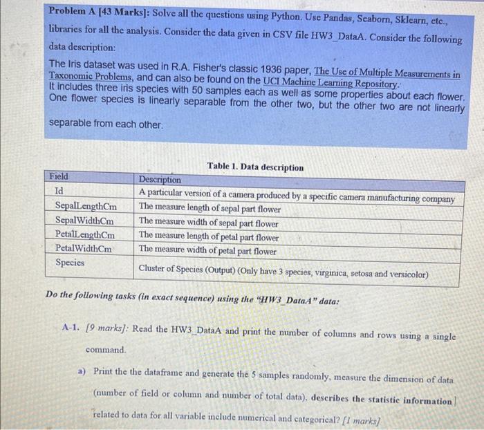 Solved Problem A [43 Marks]: Solve all the questions using | Chegg.com