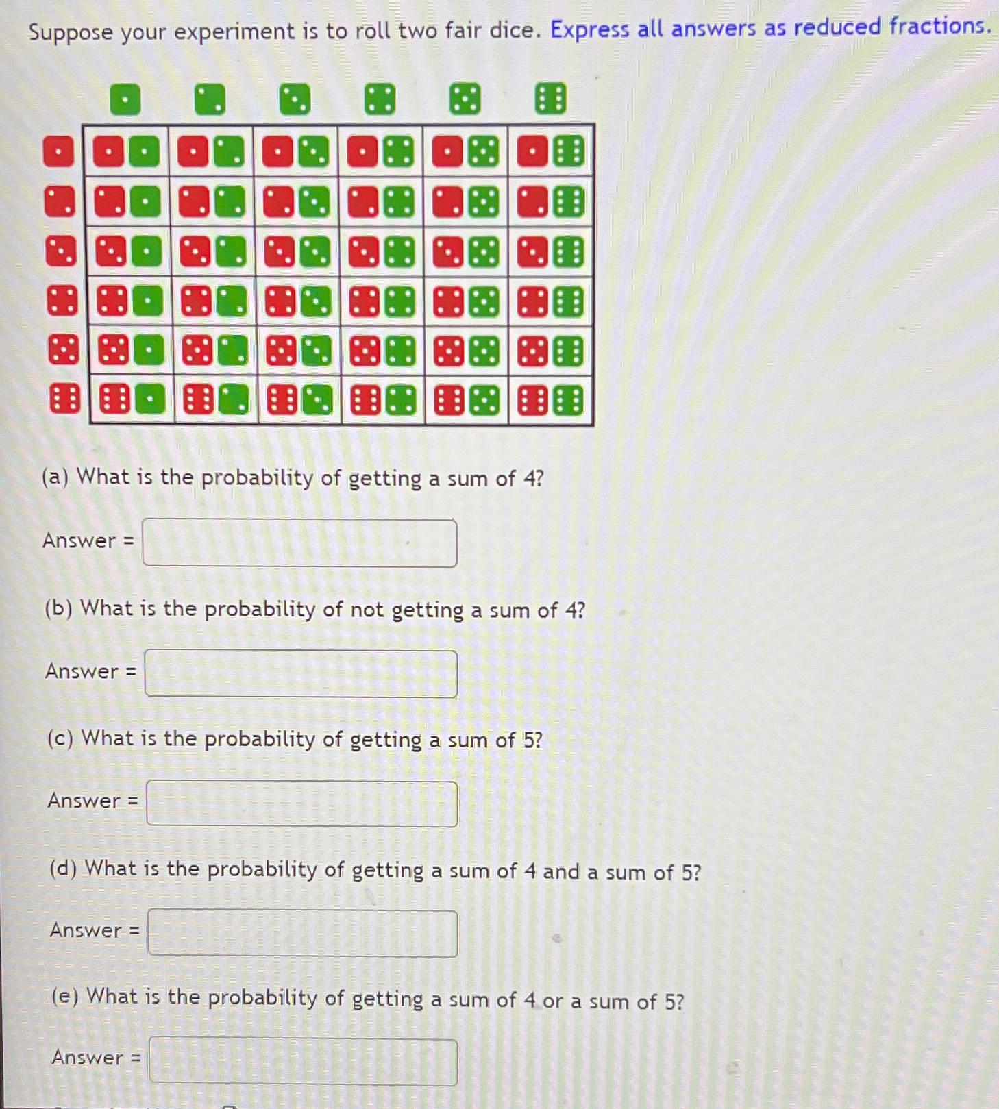 Solved Suppose your experiment is to roll two fair dice. | Chegg.com