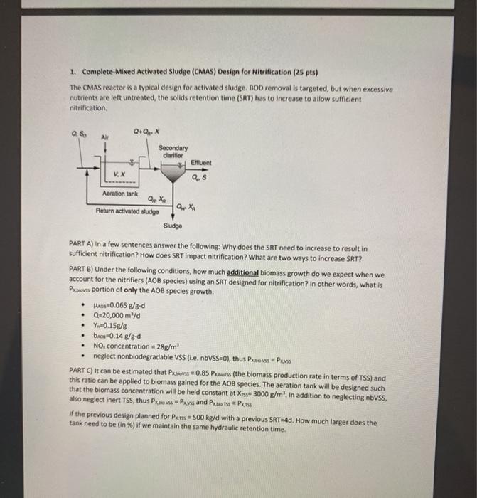 1. Complete Mixed Activated Sludge (CMAS) Design for | Chegg.com