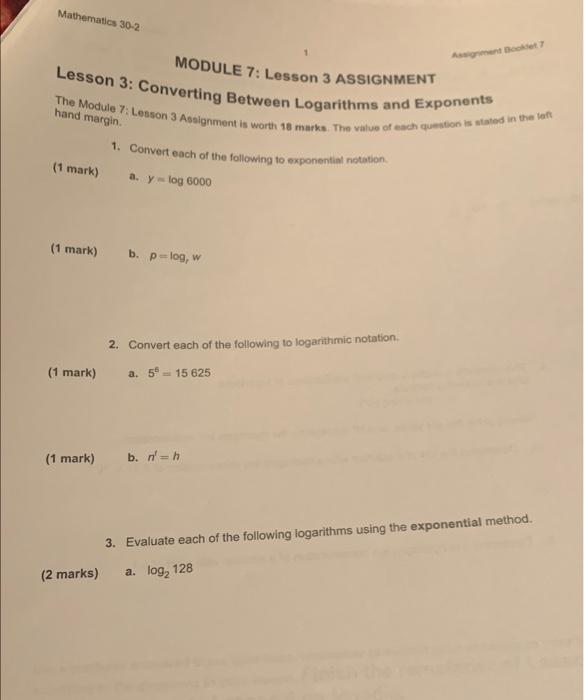 Solved Mathematics 30-2 And Boot MODULE 7: Lesson 3 | Chegg.com