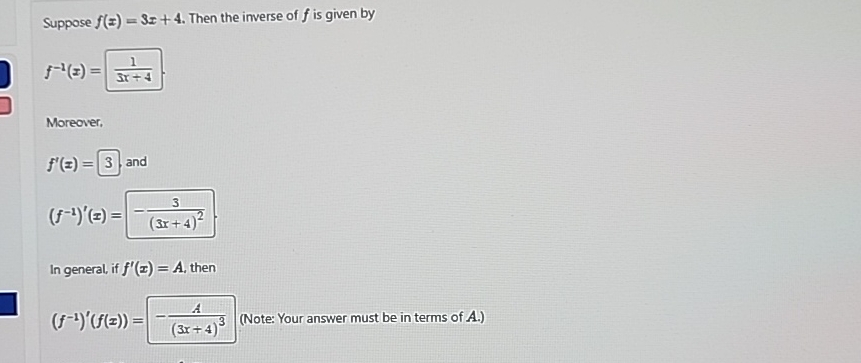 Solved Suppose f(x)=3x+4. ﻿Then the inverse of f ﻿is given | Chegg.com