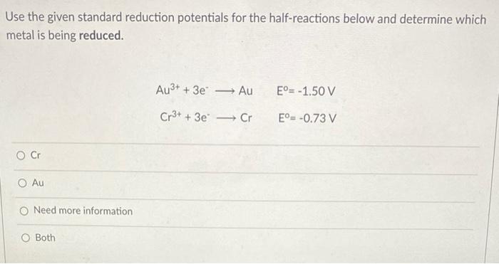 Solved Use the given standard reduction potentials for the | Chegg.com