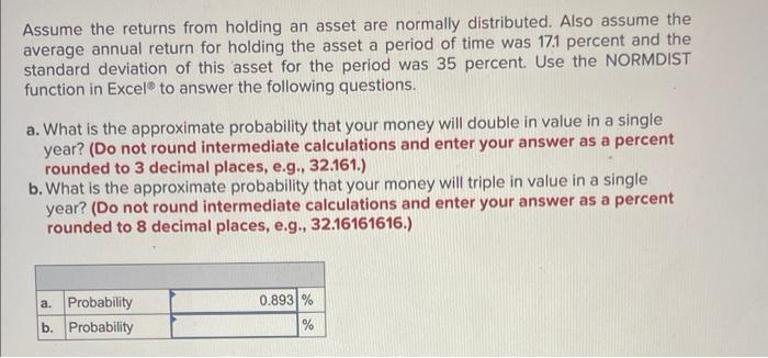 Solved Assume the returns from holding an asset are normally | Chegg.com