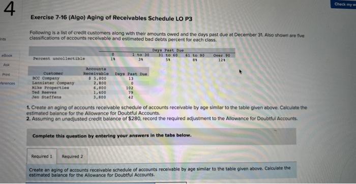 Solved Exercise 7-16 (Algo) Aging of Receivables Schedule LO | Chegg.com