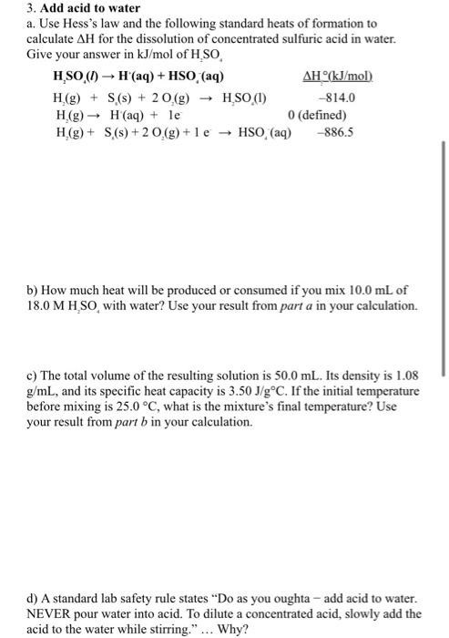 Solved 3. Add acid to water a. Use Hess's law and the | Chegg.com