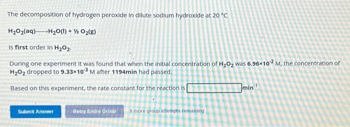 Solved The decomposition of hydrogen peroxide in dilute | Chegg.com