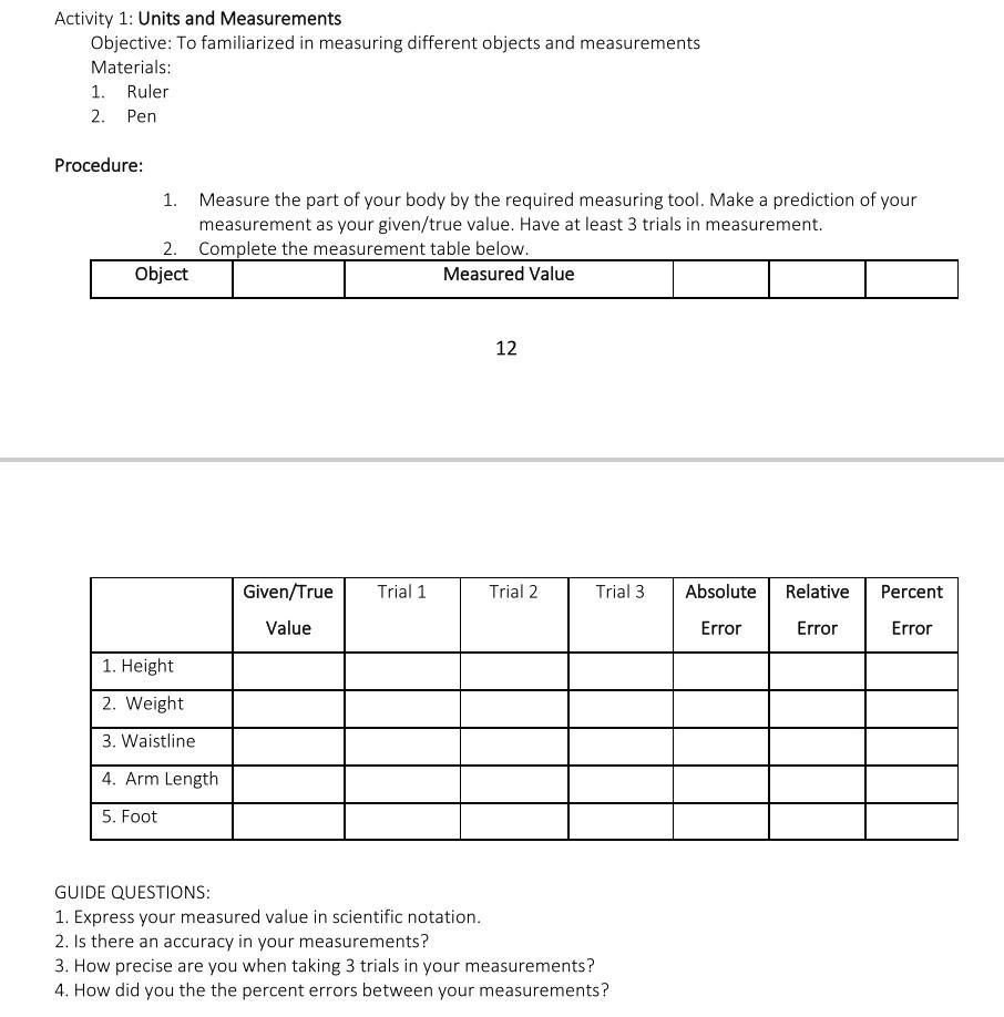 Activity 1: Units and Measurements Objective: To | Chegg.com