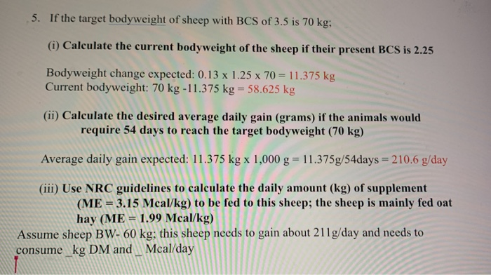 5. If the target bodyweight of sheep with BCS of 3.5 | Chegg.com