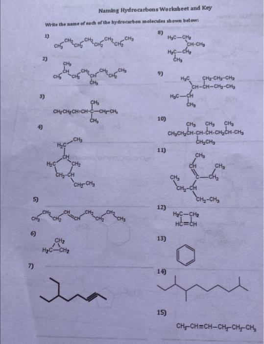 Solved Naming Hydrocarbons Woricsheet and Key Write the name | Chegg.com
