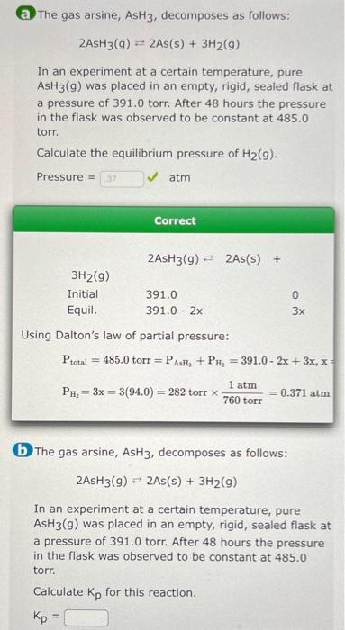 Solved (a) The gas arsine, AsH3, decomposes as follows: | Chegg.com