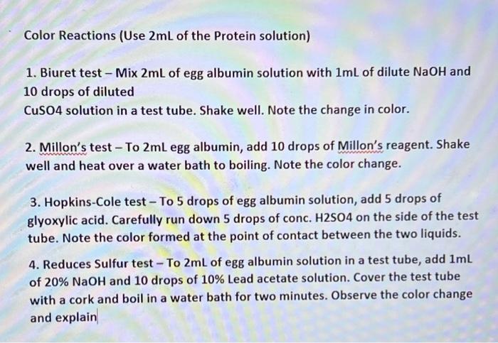 Color Reactions (Use 2 mL of the Protein solution) 1. | Chegg.com